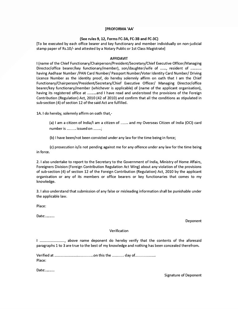 Proforma AA under FCRA - FCRA & FCRR - PATTIC Forum